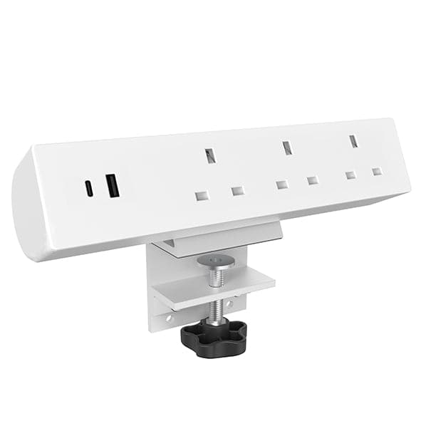 Desktop mounted triple UK socket with USB-A and USB-C ports in white